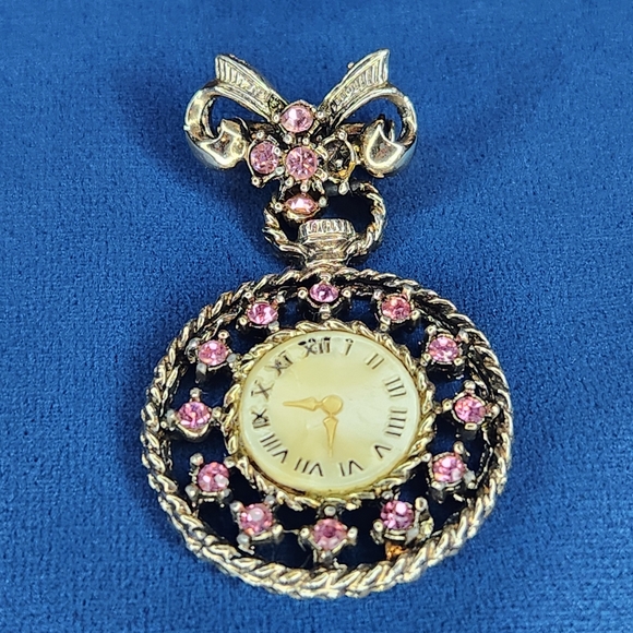 Jewelry | Vintage 8s Clock Charm Pink Rhinestone Brooch Pin | Poshmark